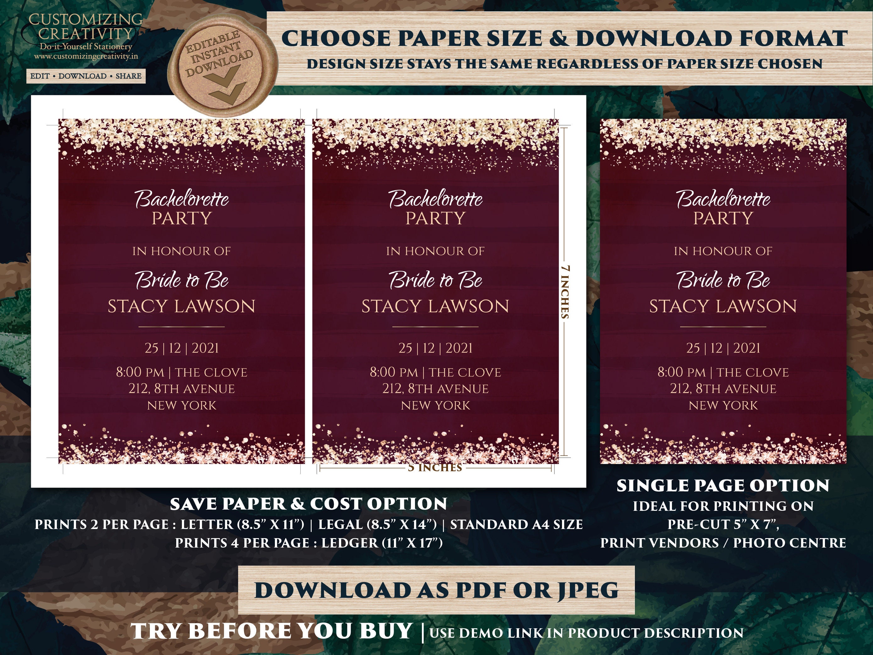 Maroon Bachelorette Party With Sparkle Bridal Invitation Gold | Etsy