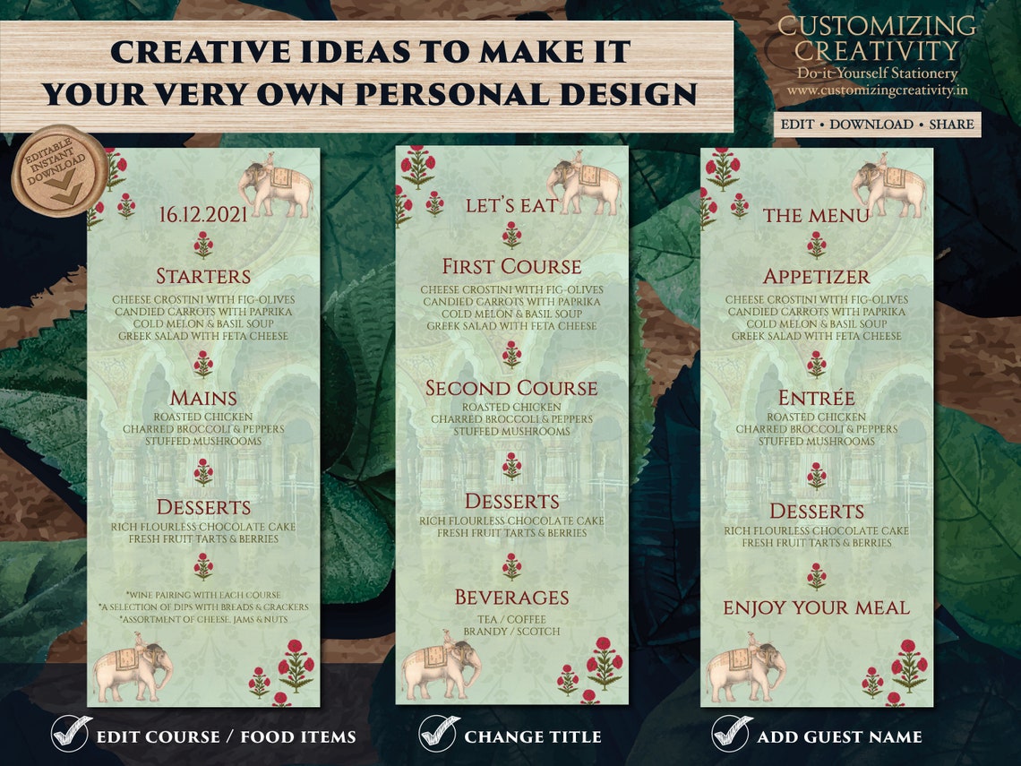 Elephant Menu Cards Indian as Dinner Menu cards Elephant | Etsy