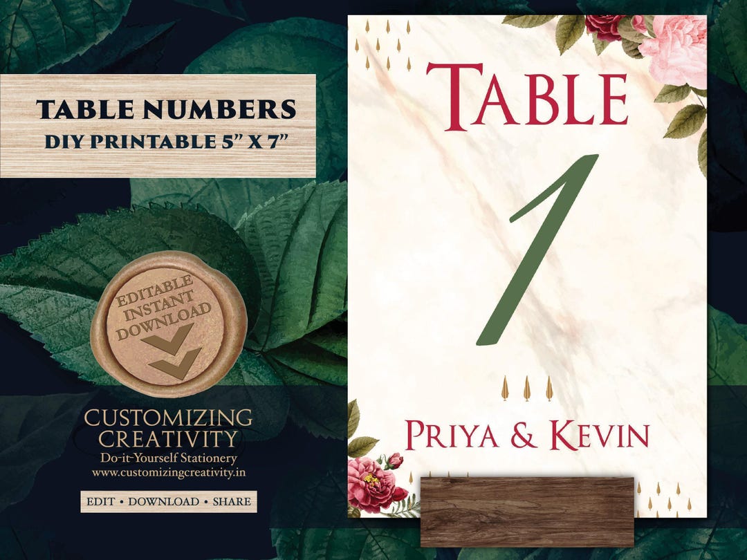 Garden Wedding Table Number & Greenery Table Decor Sign, Hindu Table ...