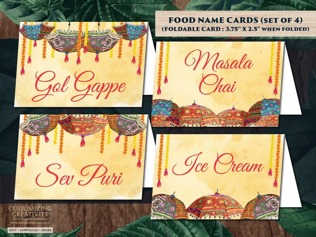 Indian Wedding Food Tag Mehndi, Indian Menu Place Card & Mehndi ...