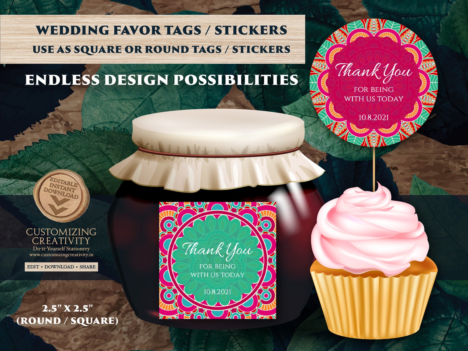 Mandala Favor Tag Template for Indian Favor Tags Pink Cupcake | Etsy