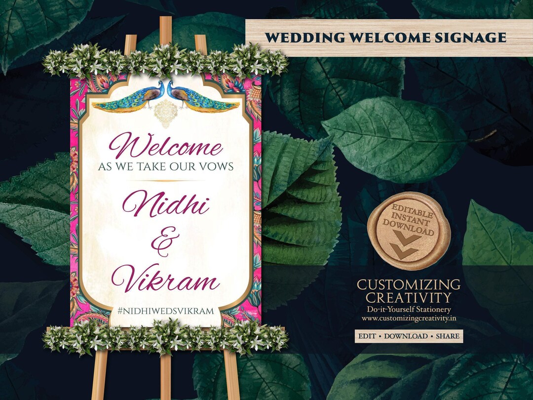 Boho Indian Wedding Welcome Sign: Peacock & Paisley (digital Template ...