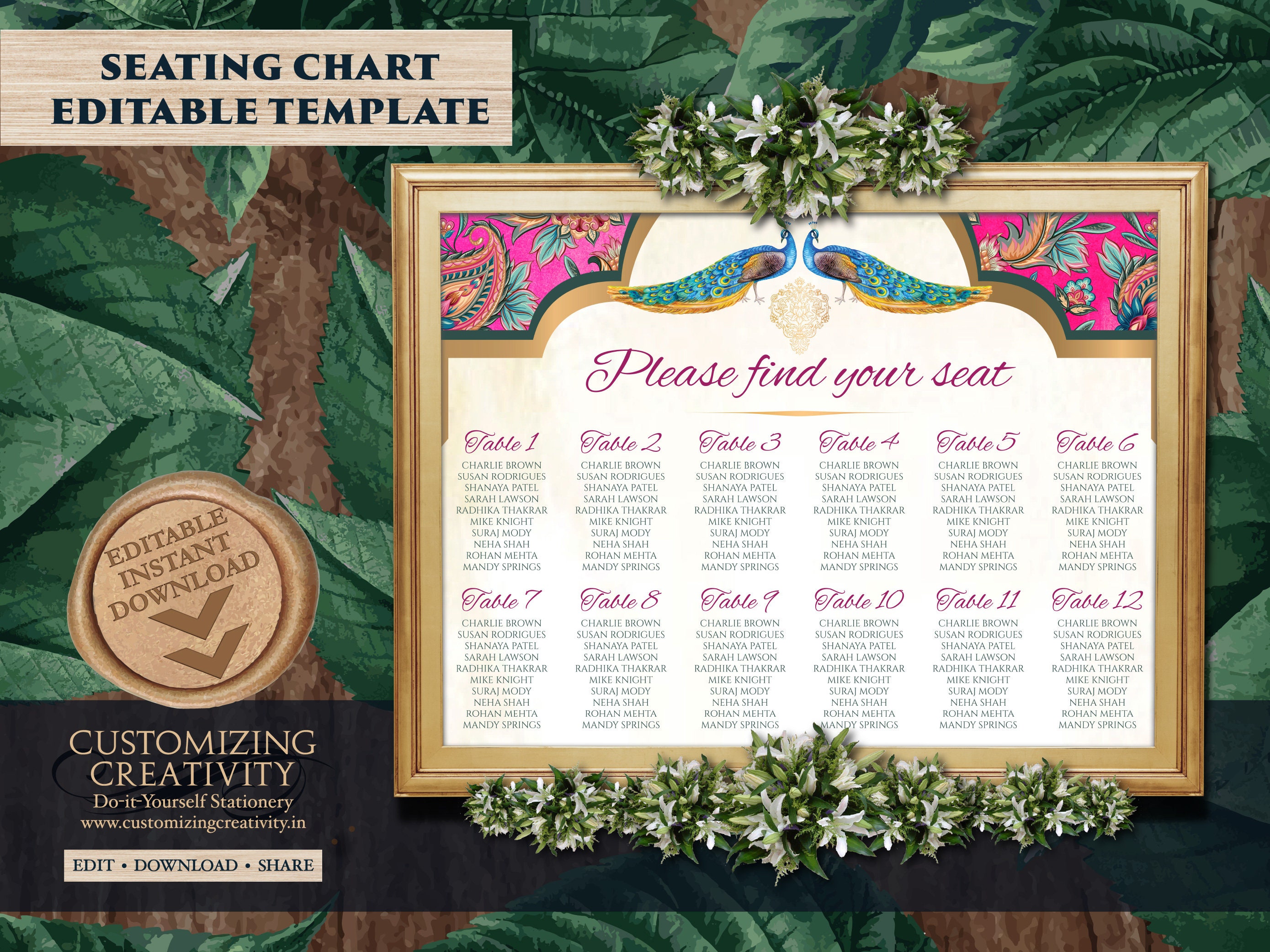 Peacock Seating Chart as Reception Welcome Sign Peacock Hindu - Etsy UK