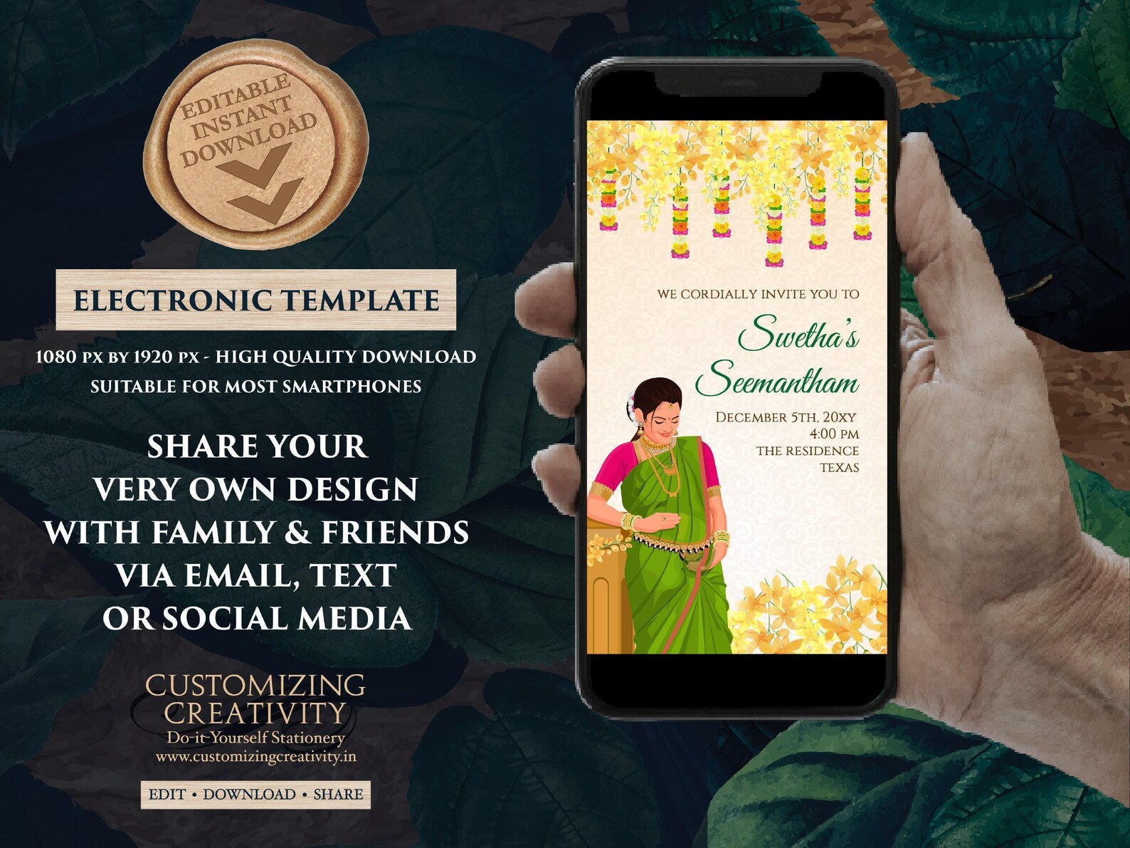 South Indian Seemantham Invitation: Floral Godh Bharai Invite (digital ...