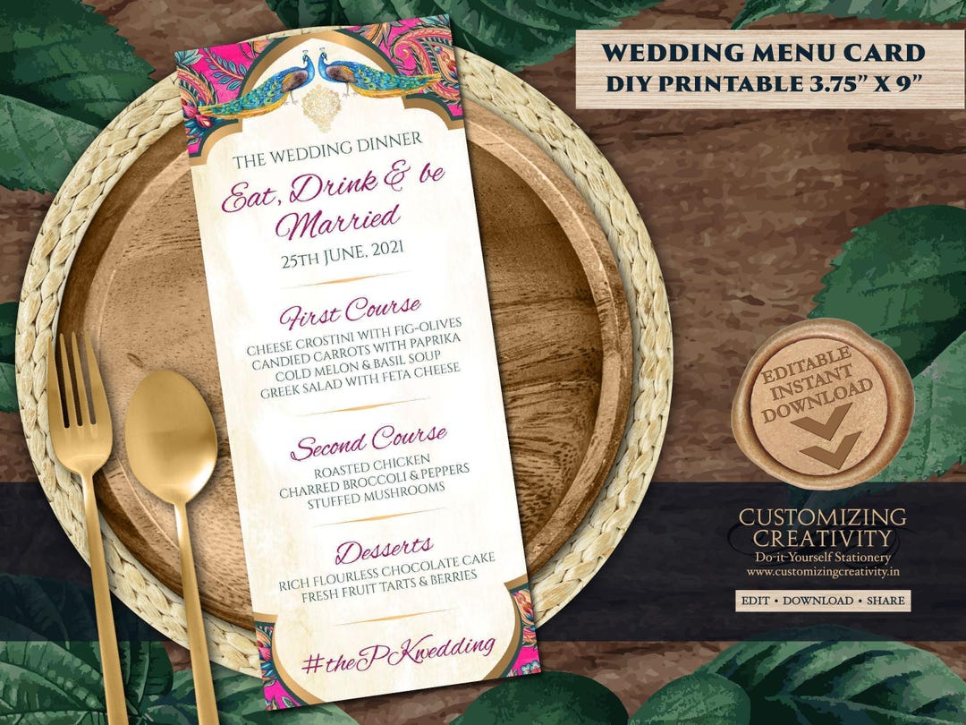 Paisley Peacock Wedding Menu Card: Indian Dinner, Mehndi (PDF) - Etsy ...