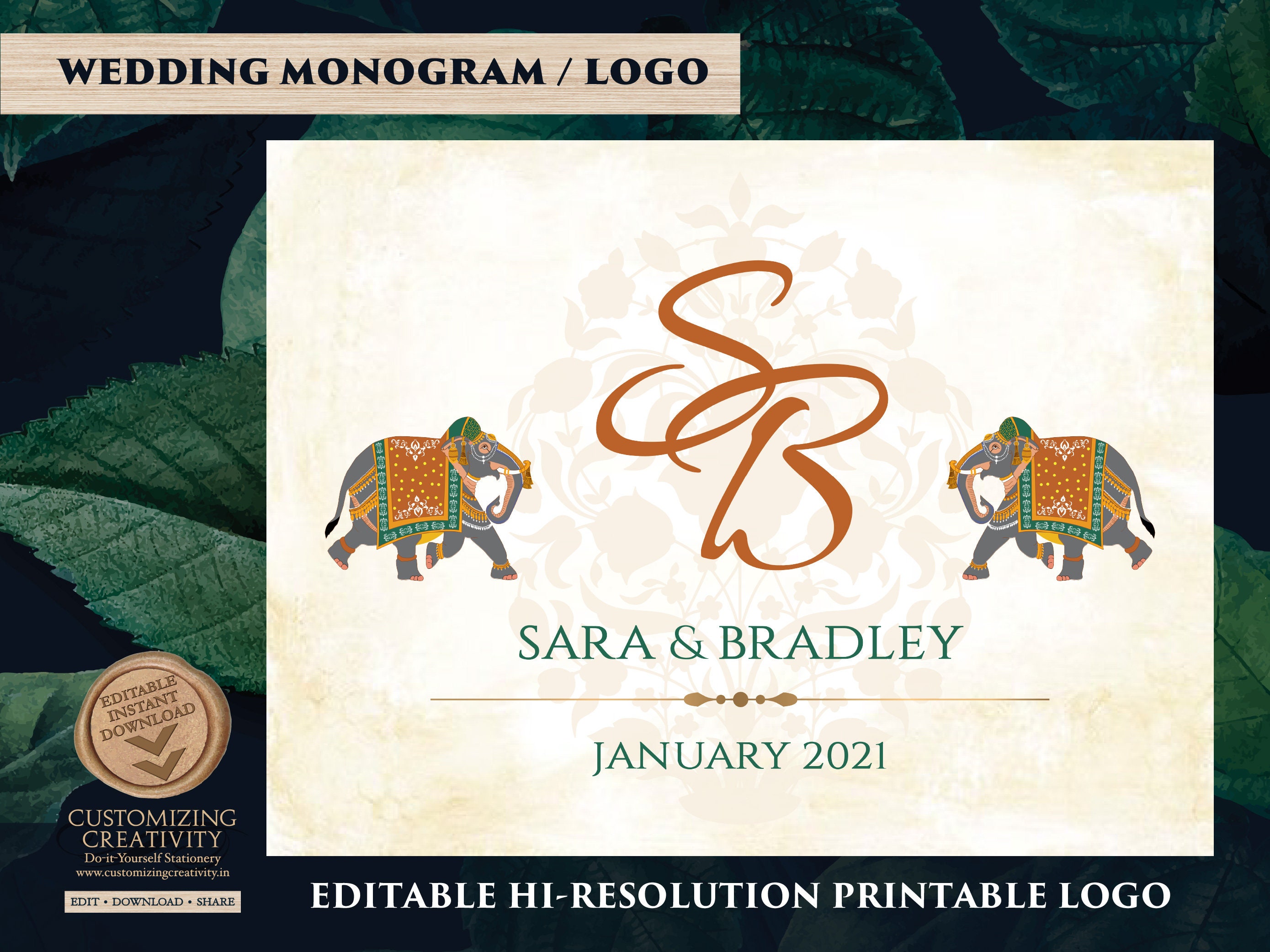 Indian Wedding monogram for Indian Wedding logo Elephant | Etsy