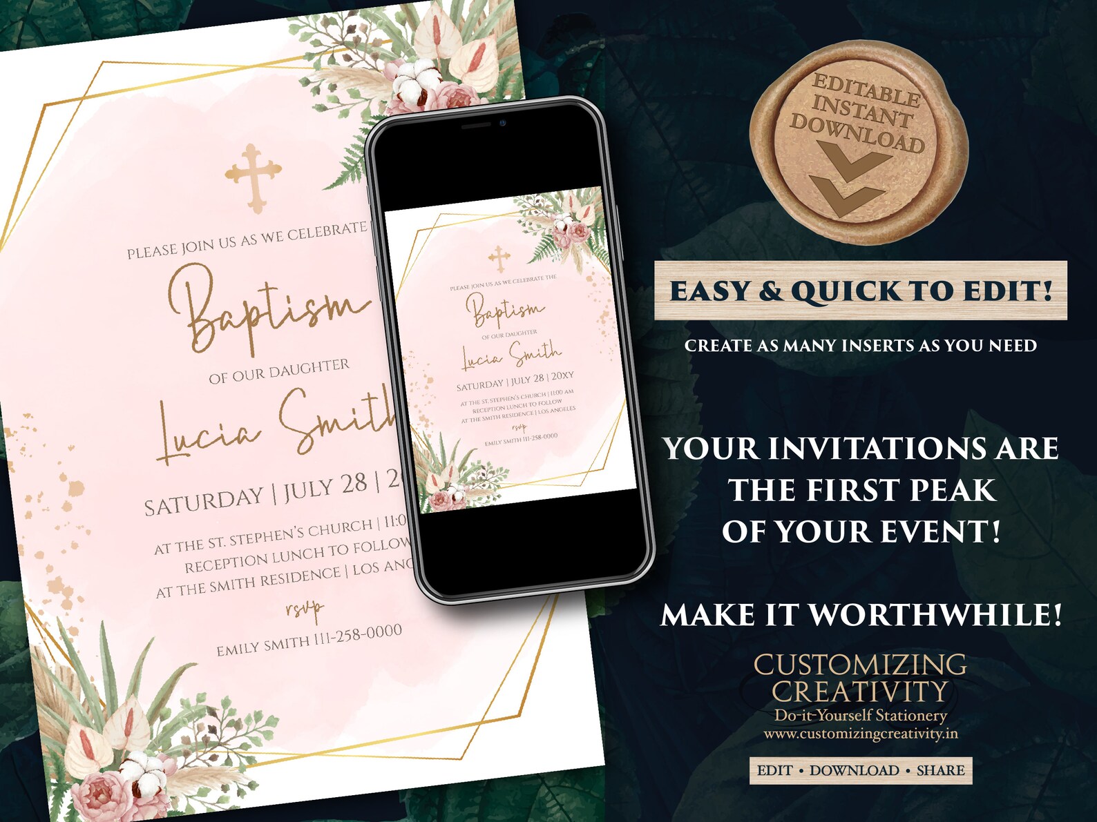 Girl Baptismal Invite Digital & Digital Baptismal Invitation - Etsy