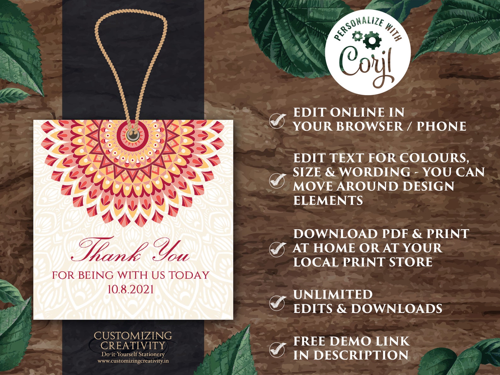 Mandala Thank You Tag Template for Indian Favor Tags, Red Thank You ...