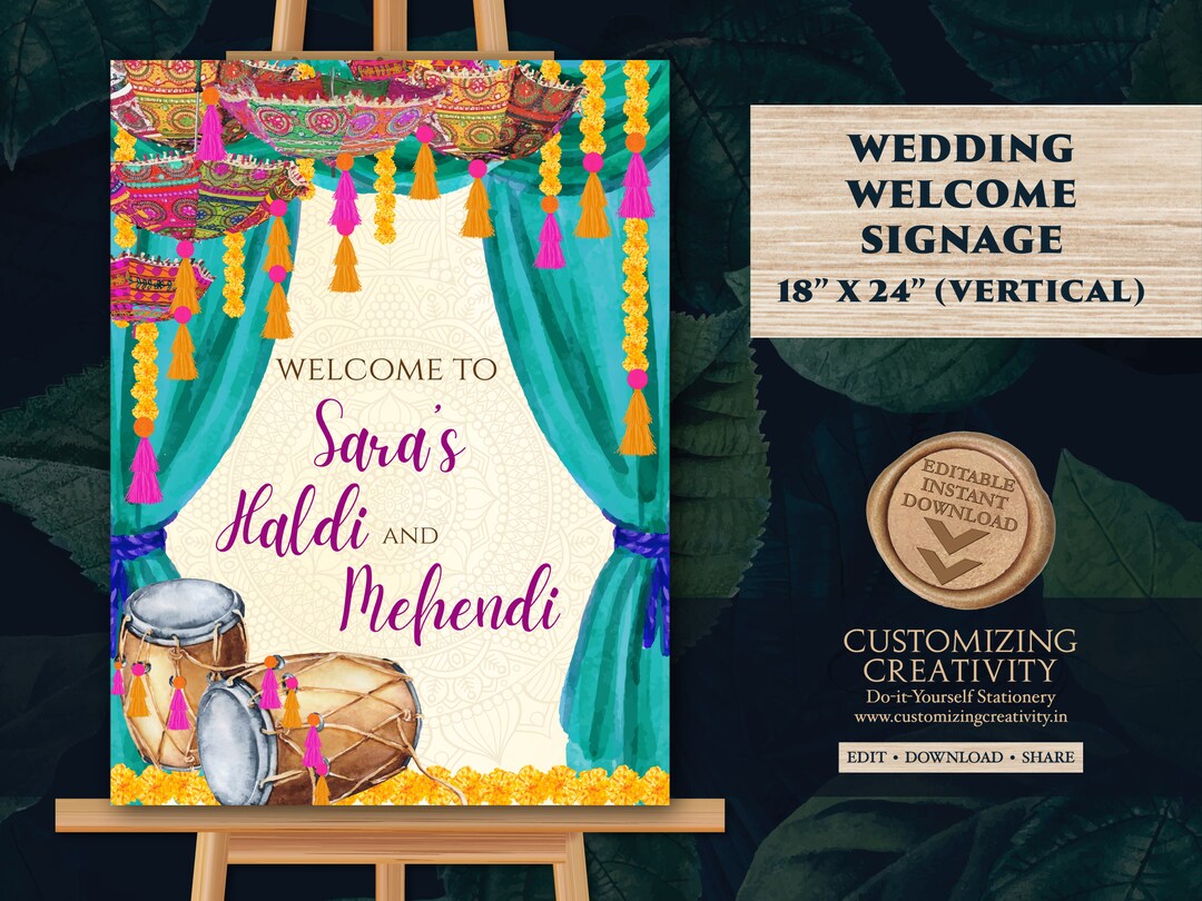 Mehndi Welcome Sign & Dholki Decor, Dholki Welcome Sign as Mendhi Sign ...