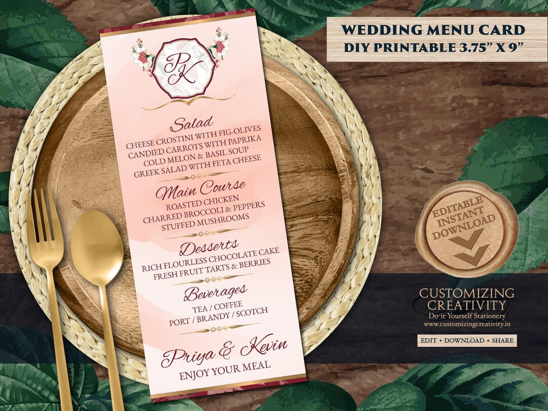 Pink Floral Wedding Menu Template: Indian Dinner, Spring Theme (PDF) - Etsy