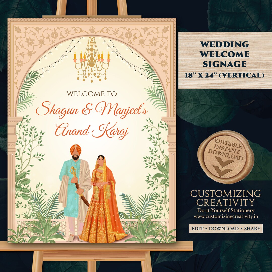 Anand Karaj Welcome Sign & Sikh Wedding Welcome Sign, Punjabi Wedding ...
