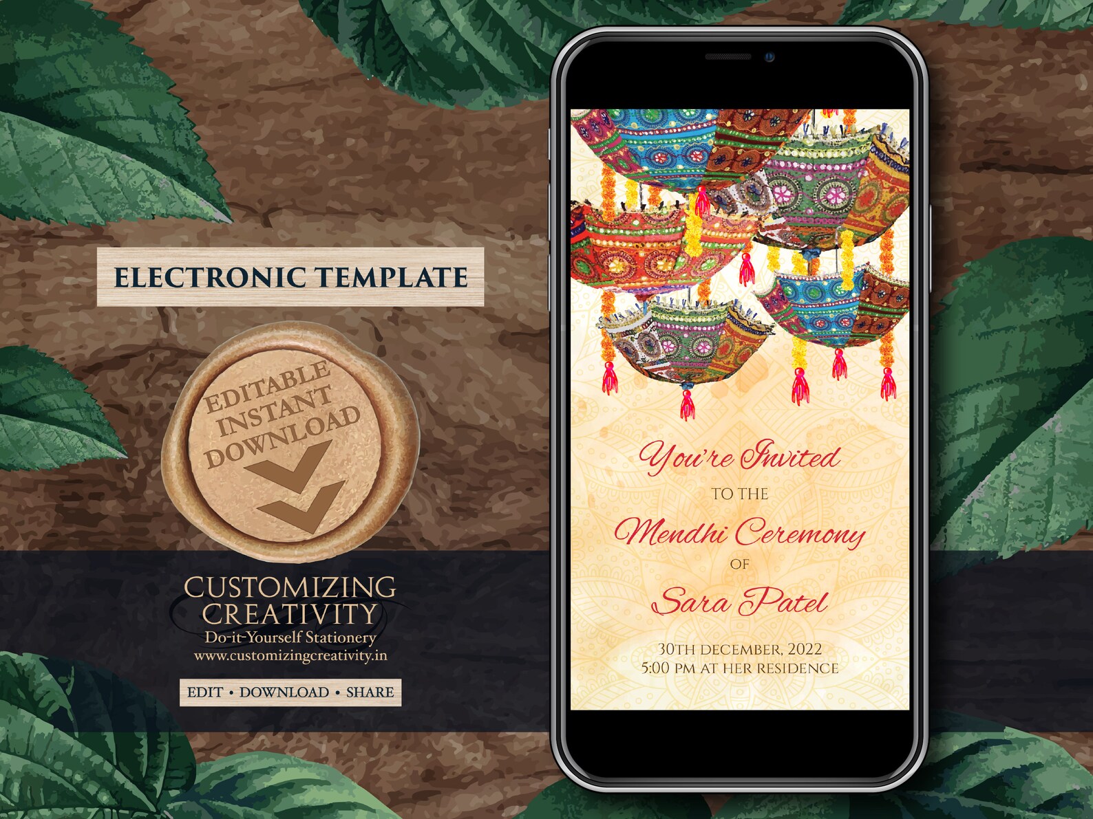 Buy Mehndi Invitations Mendhi Invites as Henna Party Invites Online in ...