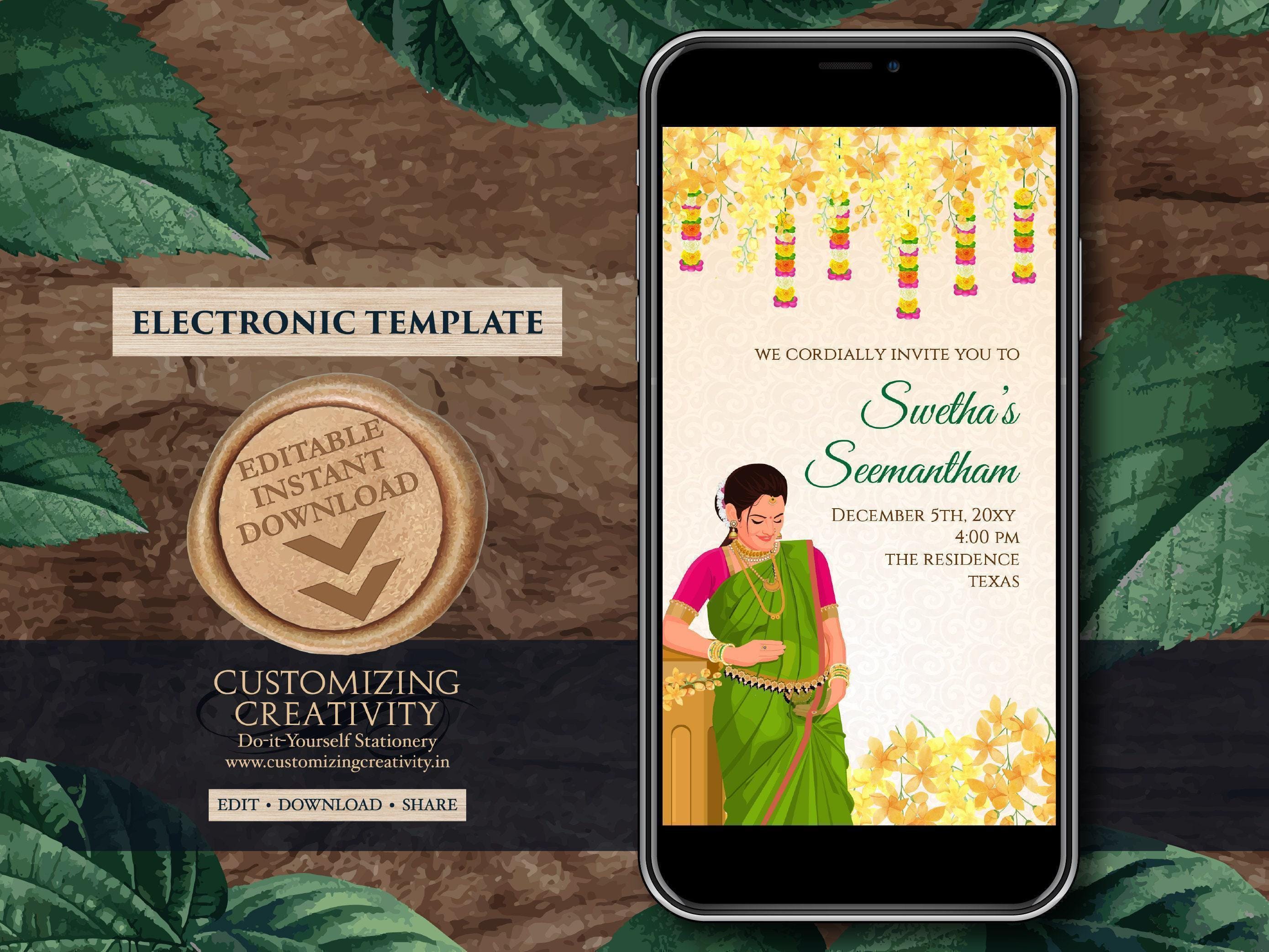 South Indian Seemantham Invitation: Floral Godh Bharai Invite (digital ...