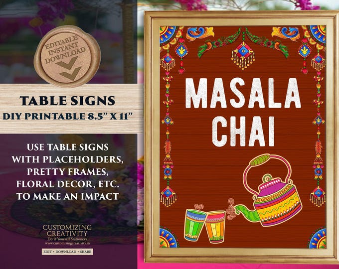 Chai Station Sign | Indian Chai Table Sign & Indian Food Station Sign ...