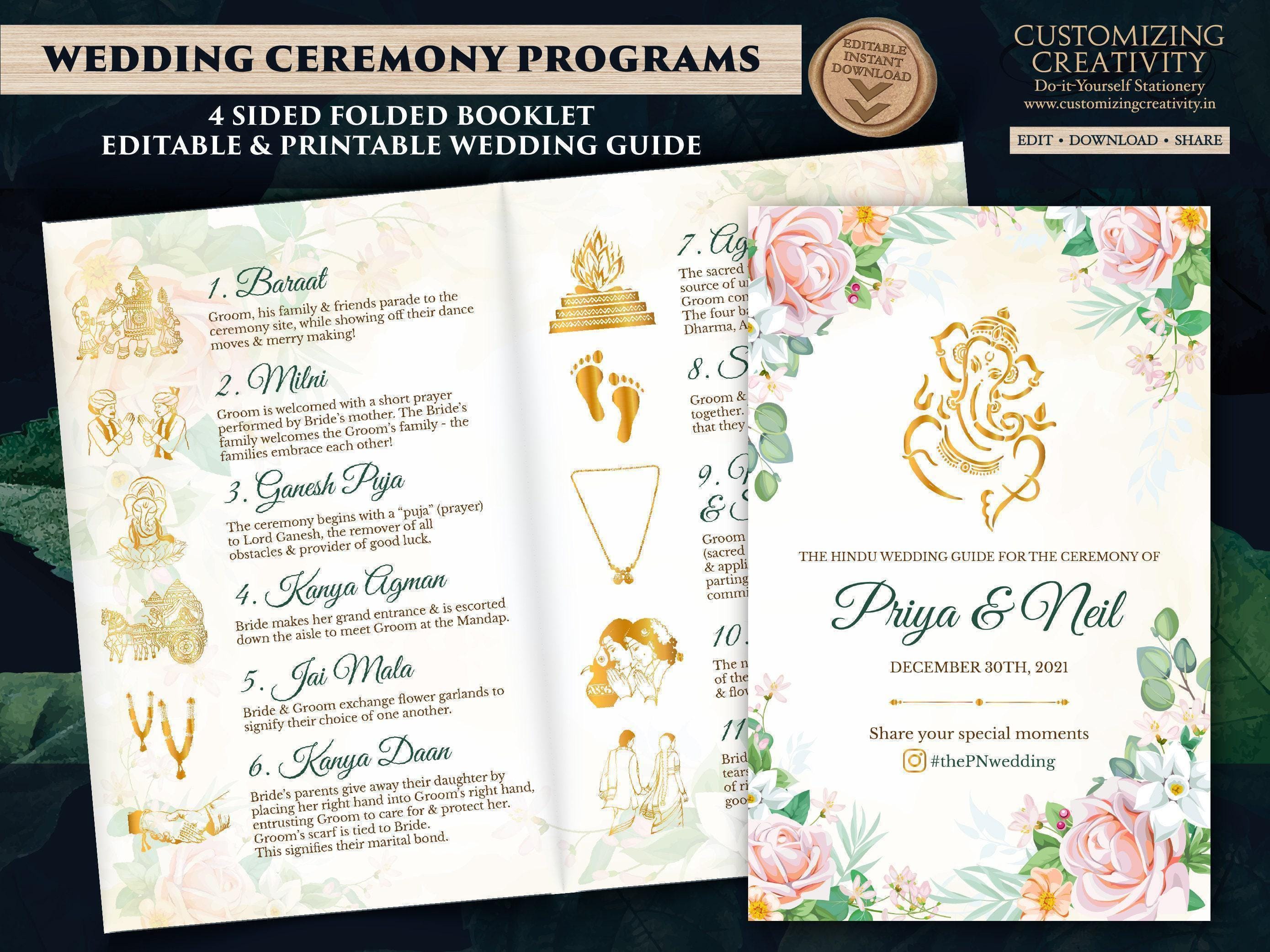 Hindu Wedding Program Template: Indian Ceremony Guide (digital Download ...
