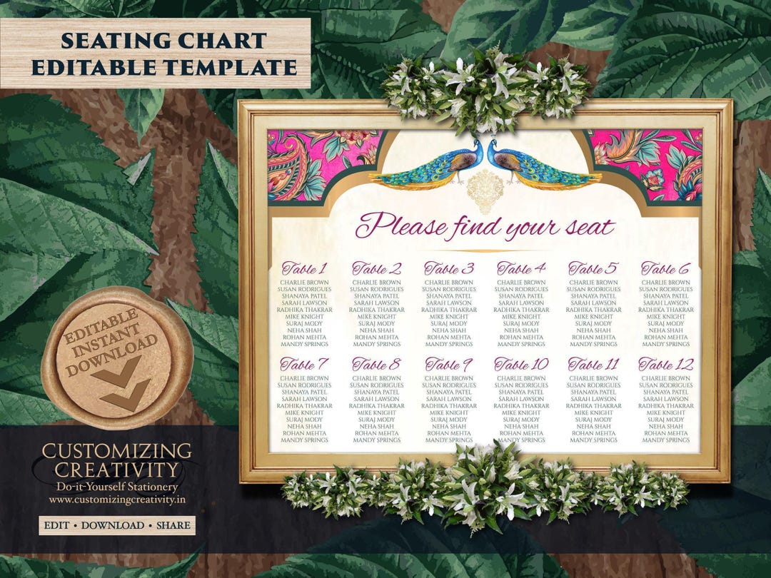 Peacock Seating Chart: Indian Wedding Welcome Sign (digital Download ...