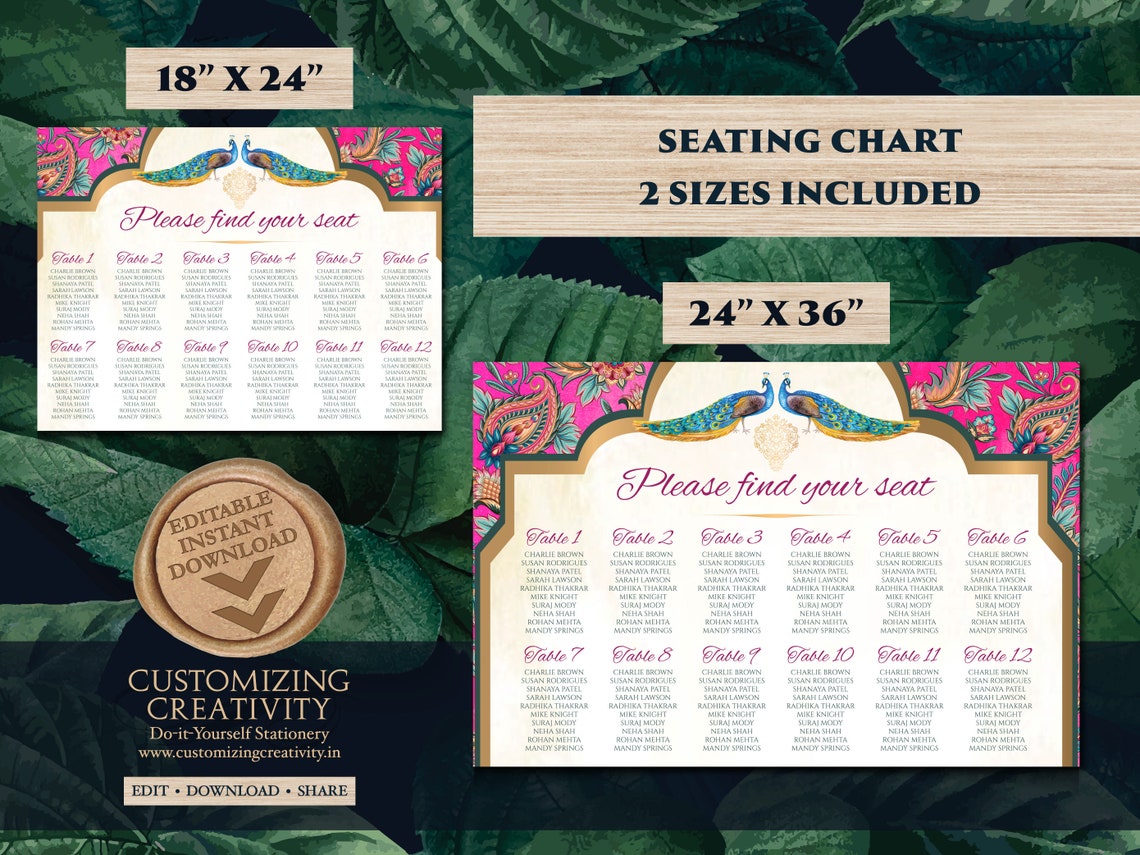 Peacock Seating chart as Reception Welcome sign peacock Hindu | Etsy