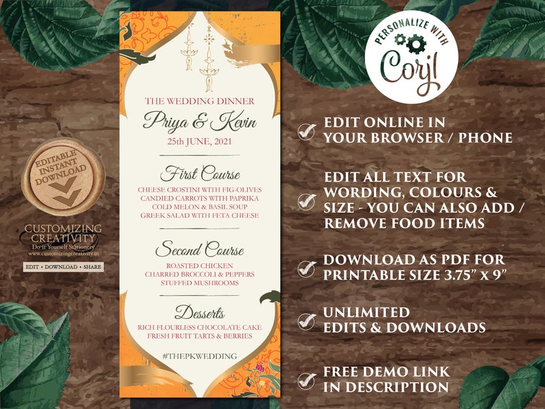 Moroccan Wedding Menu Card Template for a Wedding Reception - Etsy