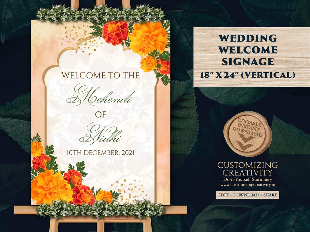 Marigold Mehndi Welcome Sign: Indian Wedding Decor (18x24" Vertical ...