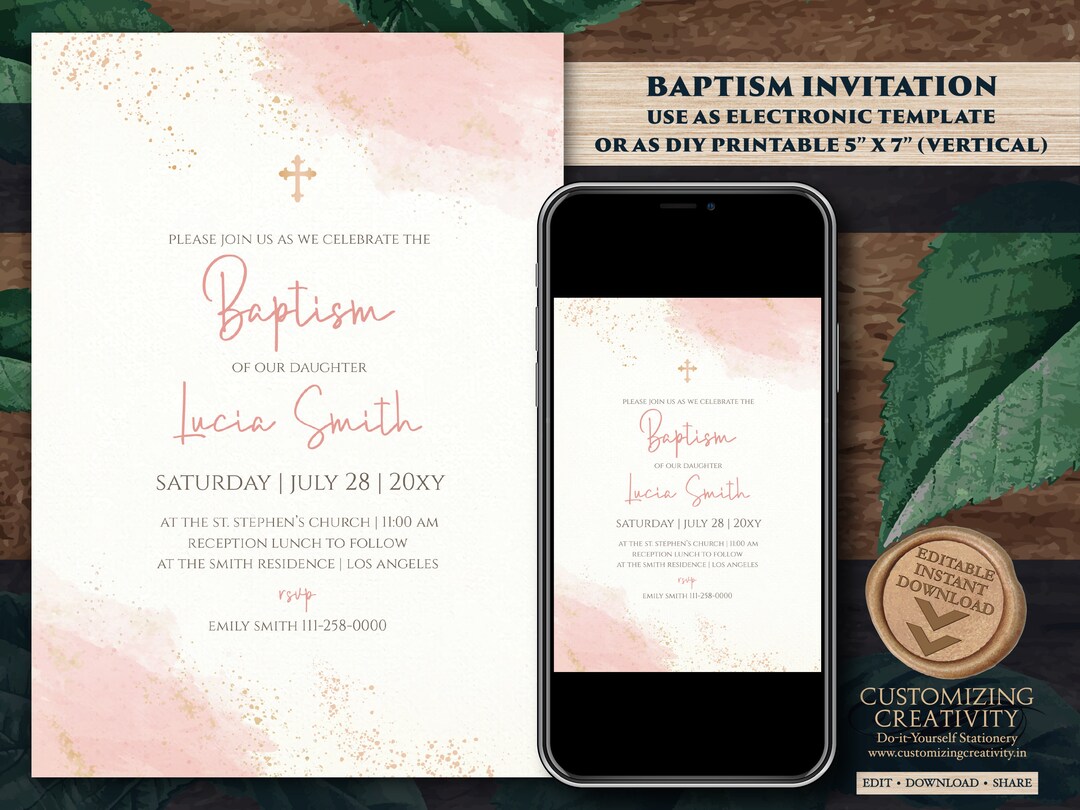 Girl Baptism Invite & Digital Baptism Invitation Girl, Girl Baptismal ...