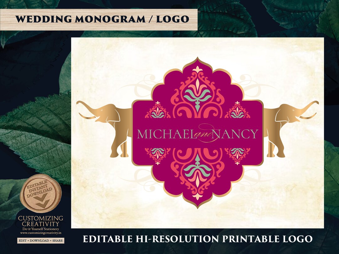 Elephant Wedding Monogram for Indian Wedding Logo, Pink & Gold Monogram ...