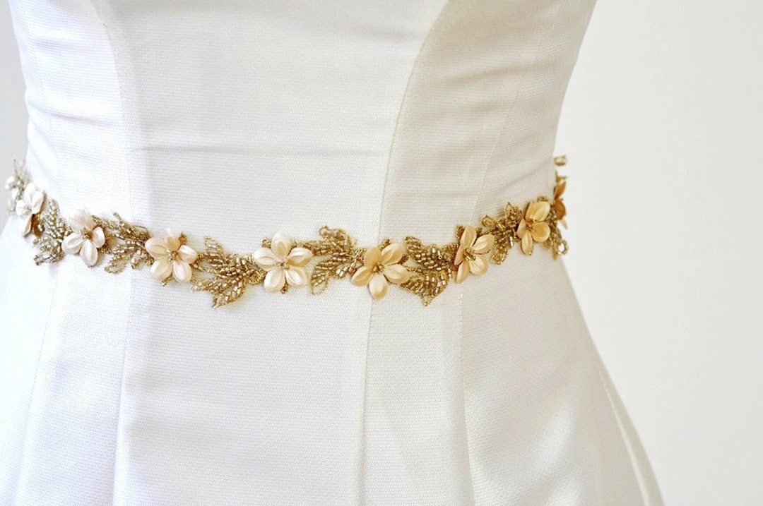 Beaded GOLD Bridal BELT, Wedding Sash Flower Belt, Champagne Bridesmaid ...