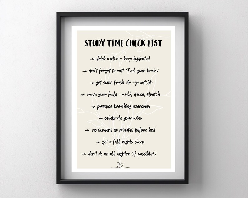 Study Time Checklist Poster: Healthy Habits, Exam Prep (instant Digital ...