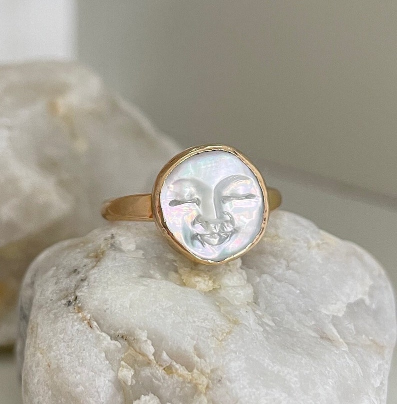 Mother of Pearl Full Moon Face Ring in Gold or Silver Options - Etsy