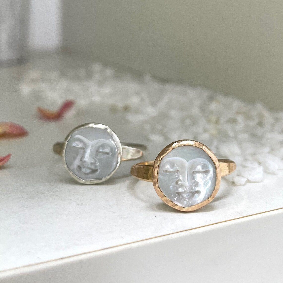 Mother of Pearl Full Moon Face Ring in Gold or Silver Options | Etsy