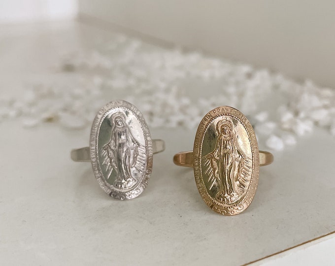 Mother Mary Miraculous Medal Ring Available in Sterling Silver or 14KT ...