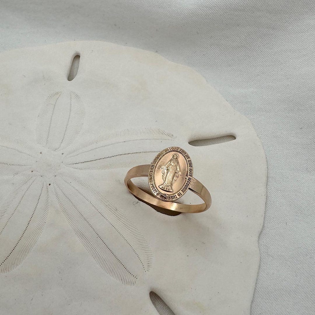 14KT Gold Miraculous Medal Ring, Catholic Wedding Gift, Virgin Mary ...