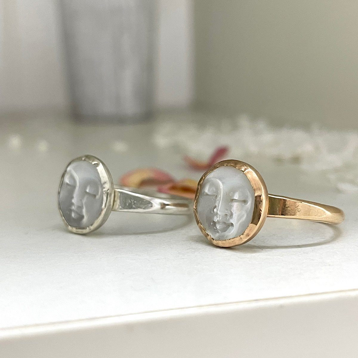 Mother of Pearl Full Moon Face Ring in Gold or Silver Options | Etsy