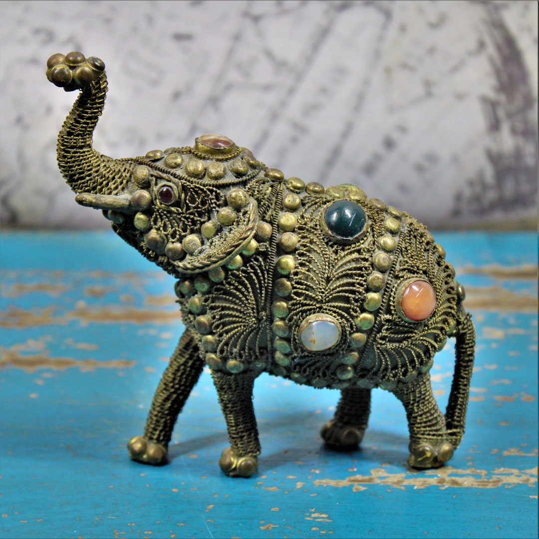 19th Century Asian Filigree Jeweled Bronze Elephant - Etsy