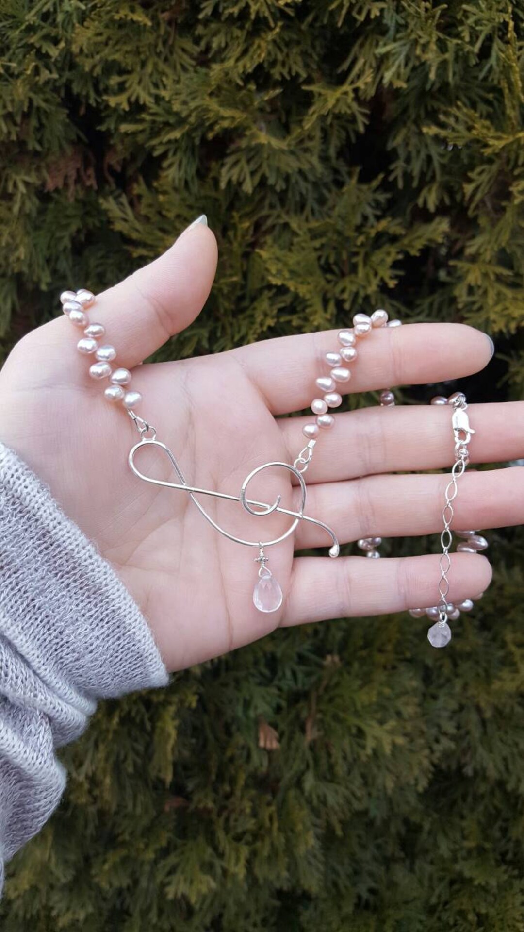 Dancing Pearls Treble Clef Necklace - Sterling Silver, Rose Quartz Pear ...