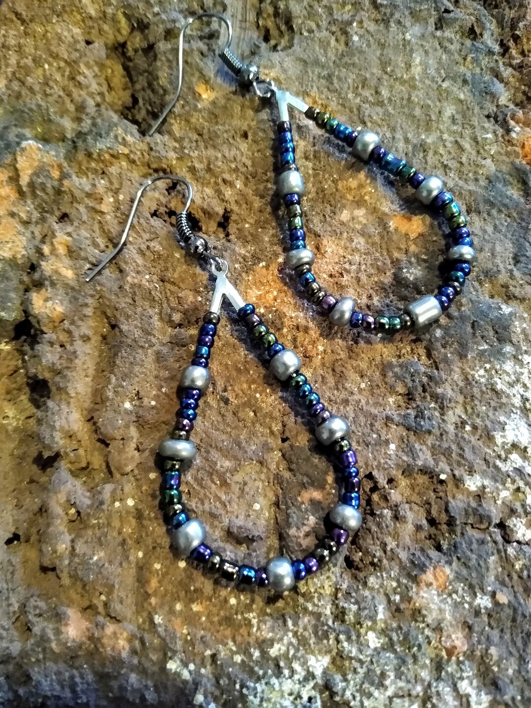 Beaded Wire Teardrop Hoops With Glass and Pewter Beads - Etsy