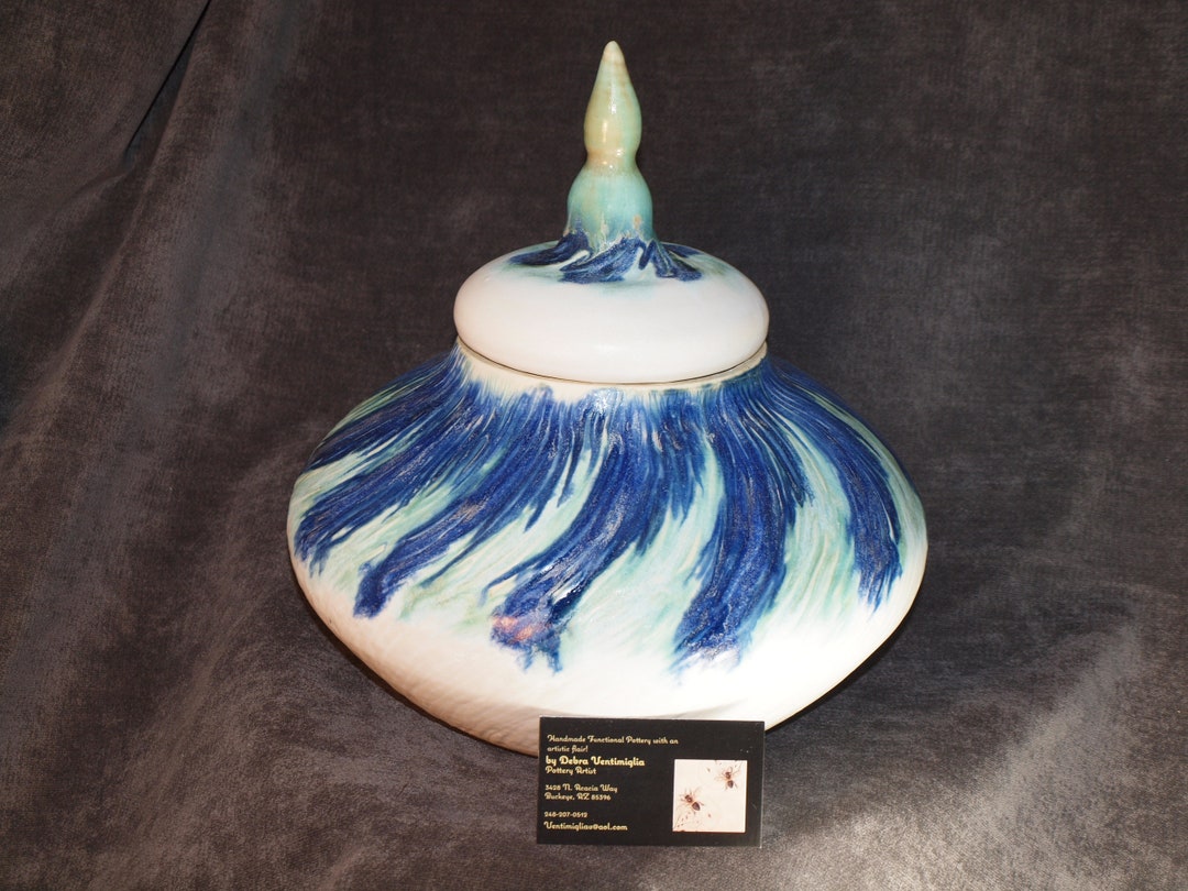 Custom Cremation Urn: Modern Blue Pottery Jar, Lidded Memorial Vessel ...