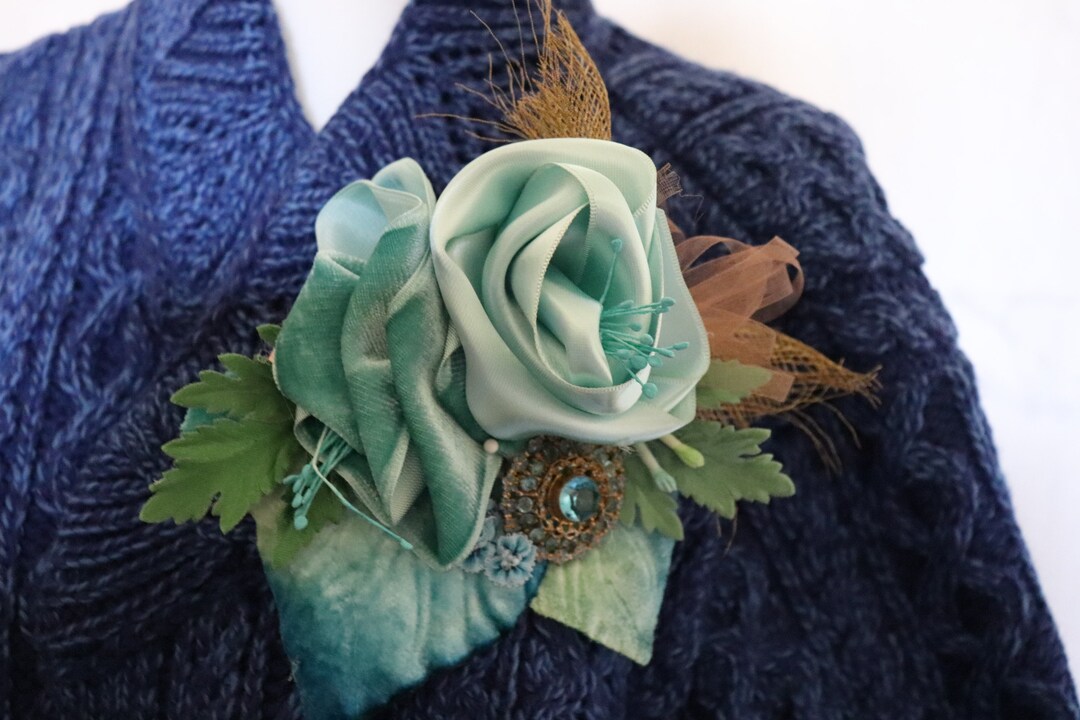 Hand Sewn Rose Brooch: Ombre Aqua Floral Corsage With Vintage Millinery ...
