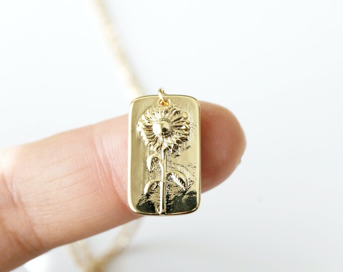 Dainty Sunflower Necklace Gold Sunflower Rectangle Pendant | Etsy