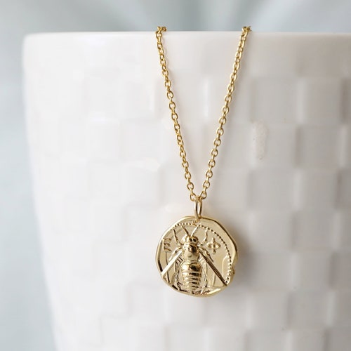 Gold Bee Coin Necklace Gold Bee Pendant Necklace Bee | Etsy