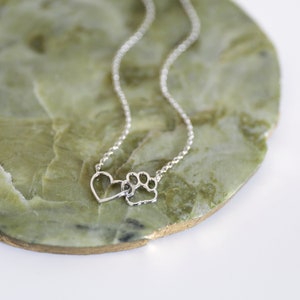 Dog Paw Necklace, Dog Paw and Heart Linked Charm Necklace, Heart and ...
