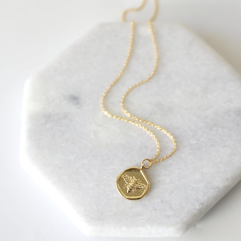 Gold Bee Coin Necklace Gold Bee Pendant Necklace Bee | Etsy