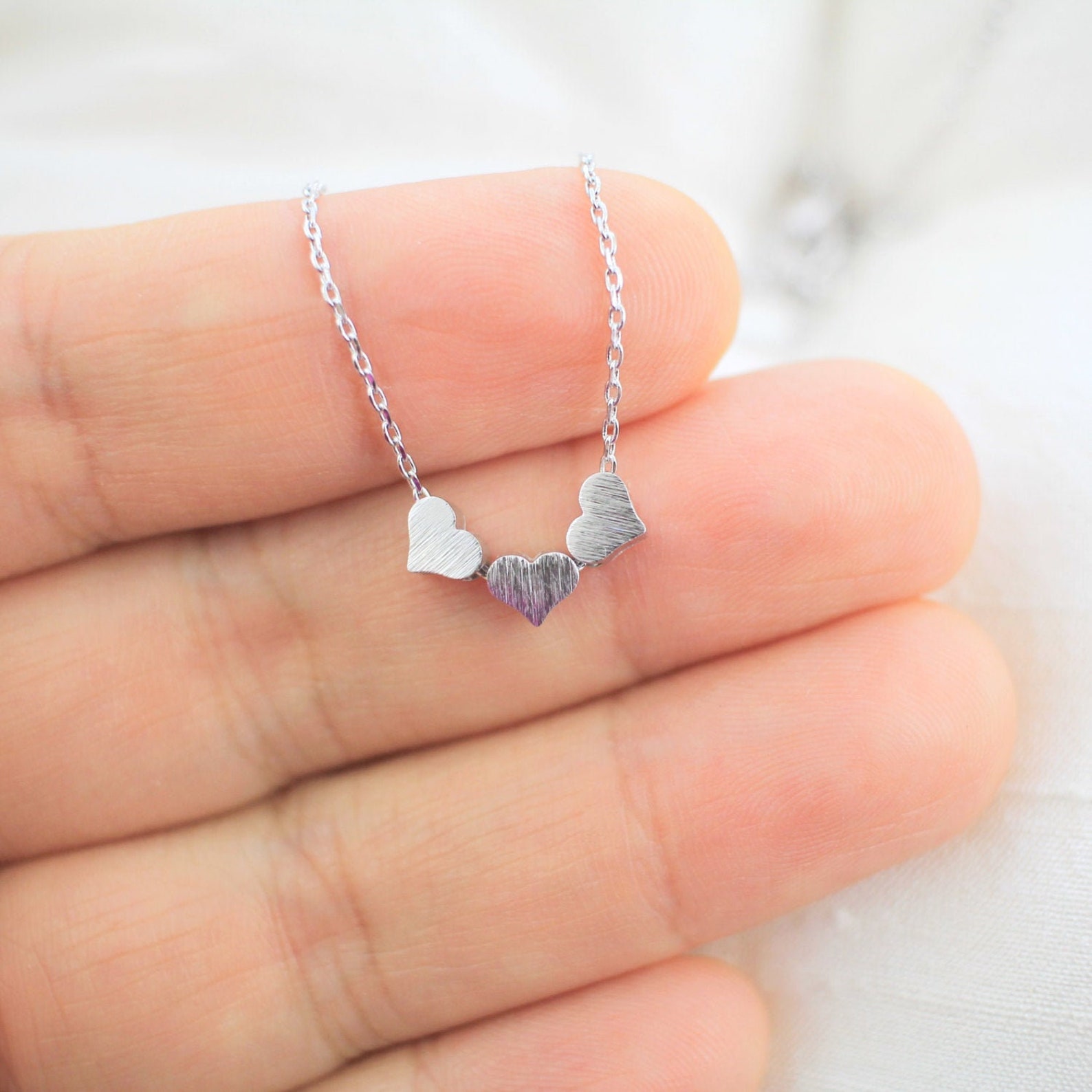 Three Wishes tiny 3 Hearts Silver Necklace Hearts Charm - Etsy