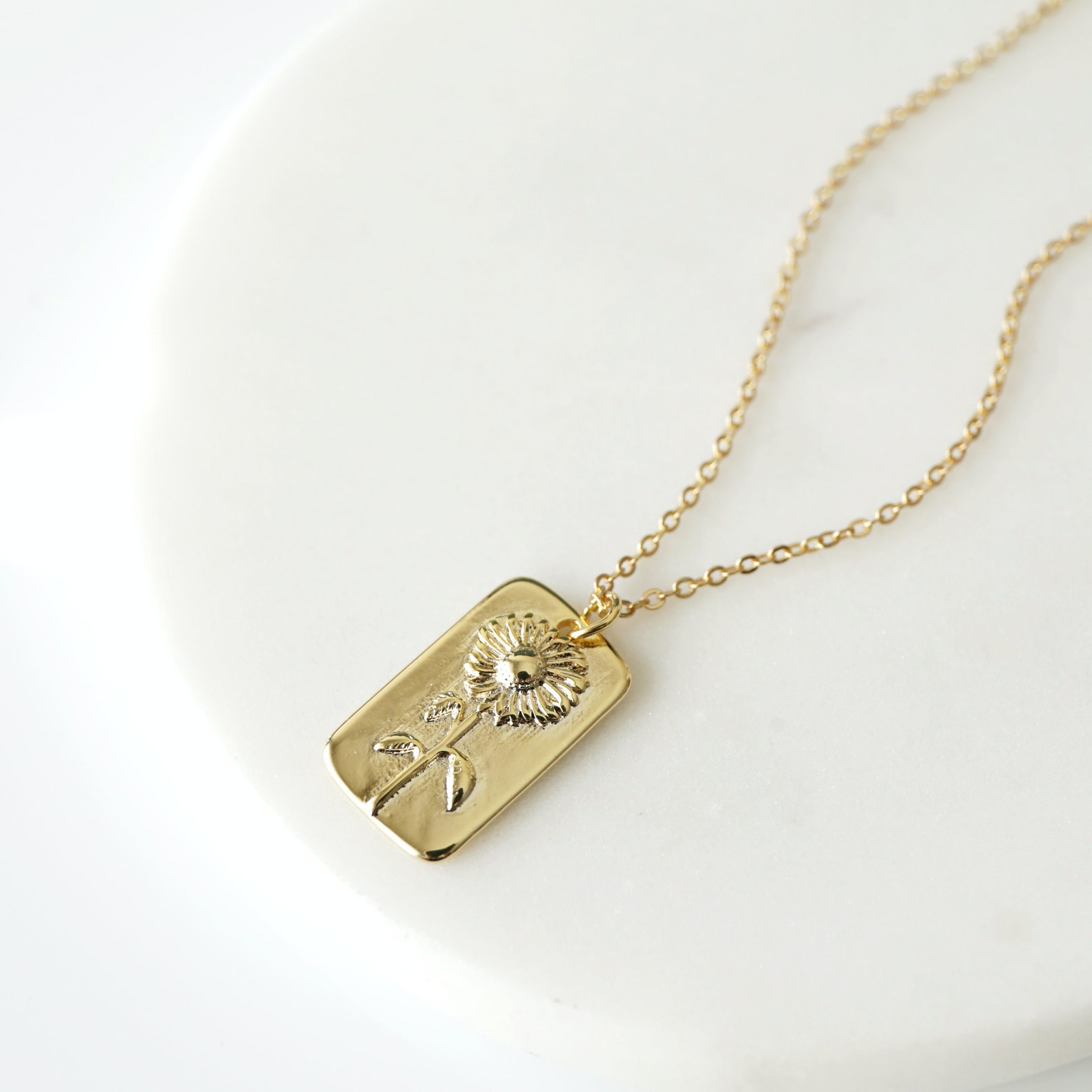 Dainty Sunflower Necklace Gold Sunflower Rectangle Pendant | Etsy