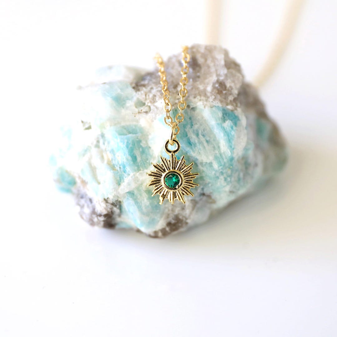 Emerald Green Stone Sun Pendant Necklace: Gold Plated Minimalist ...