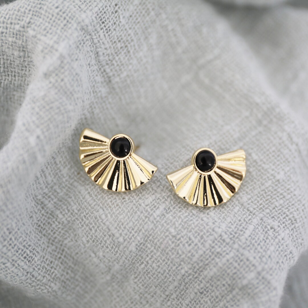 Gold Fan Earrings Black Onyx Stone Fan Earrings Dainty Earrings Small ...