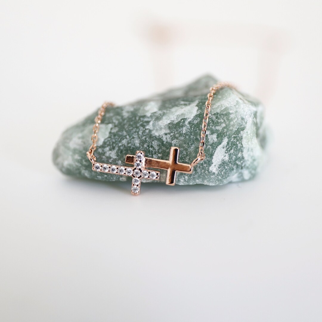 Double Cross Necklace,dainty Rose Gold Side Way Cross Necklace,rose ...