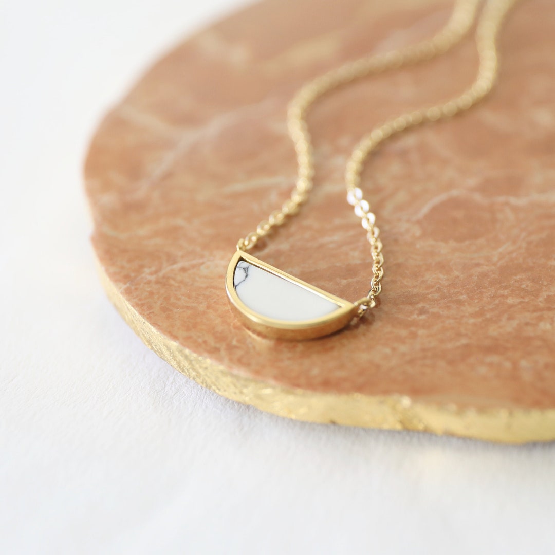 Dainty Gold Framed Howlite Half Moon Charm Necklace, White Marble Stone ...