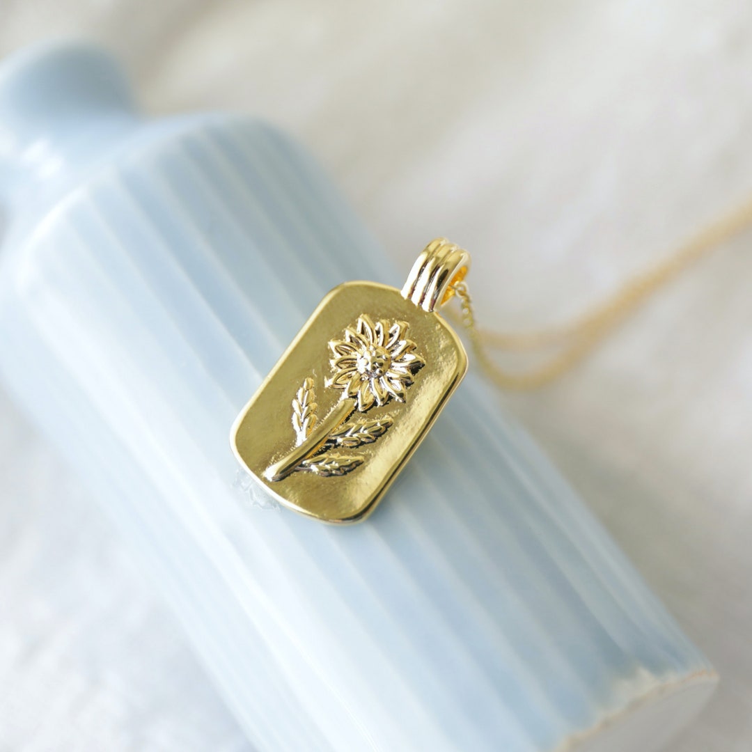 Gold Flower Rectangle Pendant Necklace: Plated Brass Chain - Etsy