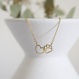 Dog Paw Necklace, Dog Paw and Heart Linked Charm Necklace, Heart and ...