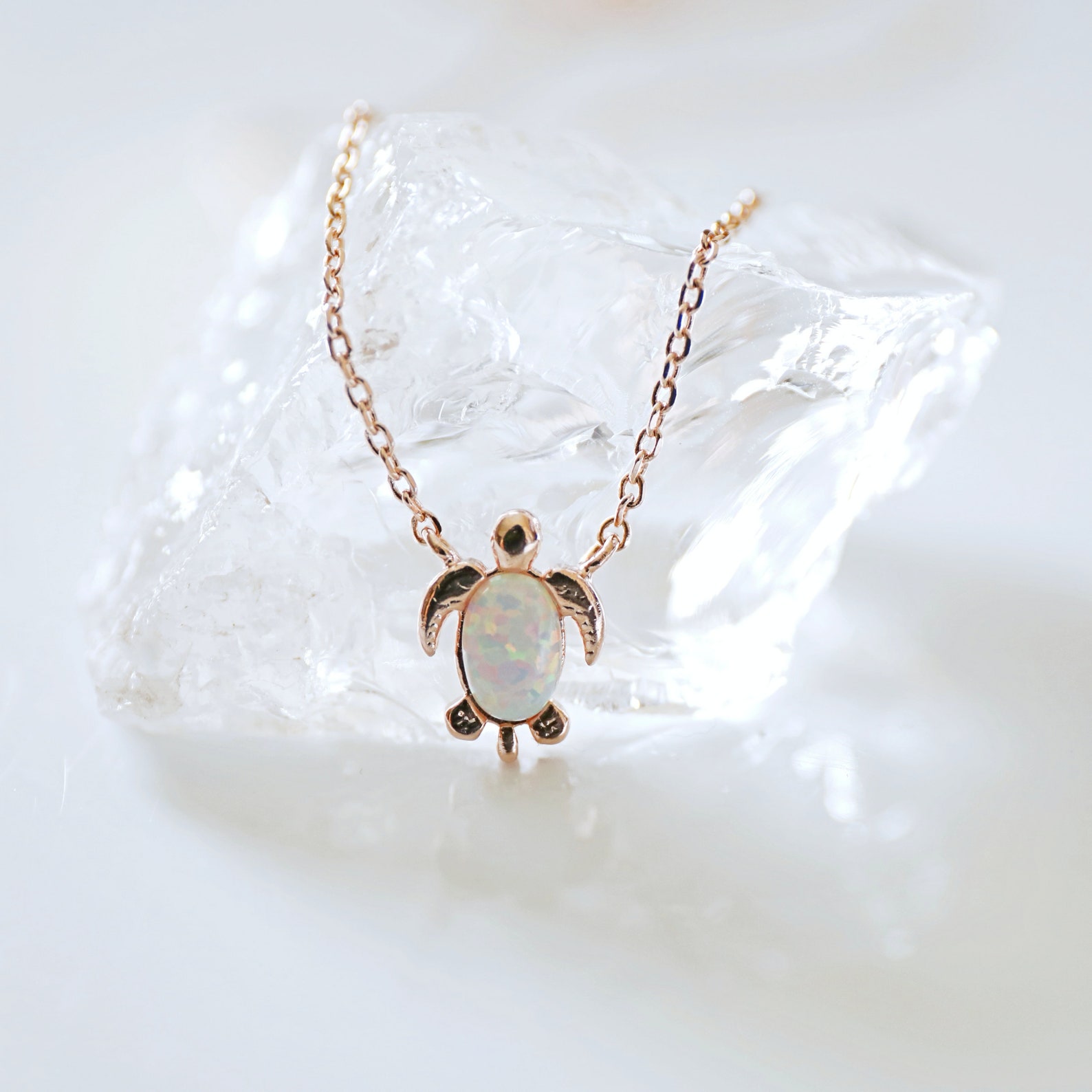 Turtle Necklace Dainty Rose Gold Turtle With Opal Stone - Etsy